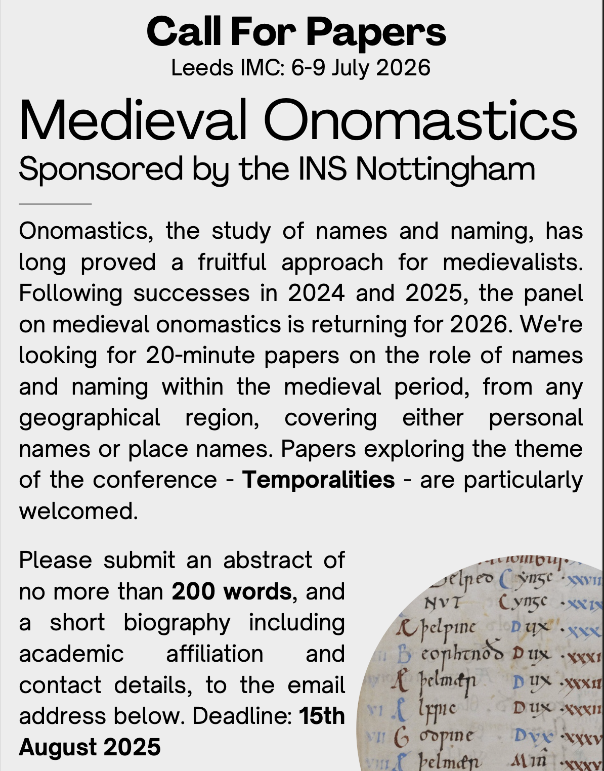 CfP: Medieval Onomastics at IMC 2026 – Oxford Medieval Studies